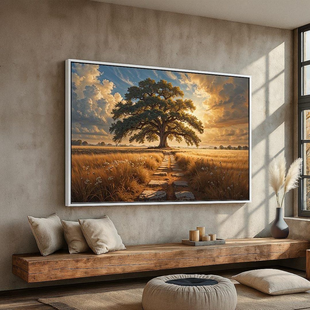 Golden Oak Tree Wall Art – Peaceful Countryside Sunset Landscape Canvas ...