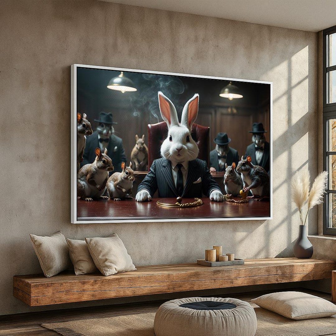 Bunny Mob Boss Canvas Poster | Whimsical Animal Mafia Scene in Suits ...