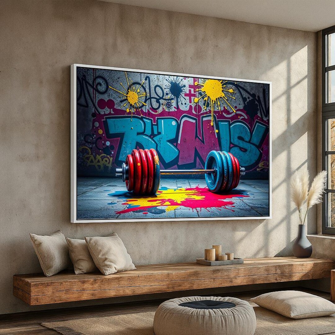 Graffiti Gym Wall Art | Colorful Barbell Canvas Print | Urban Fitness ...