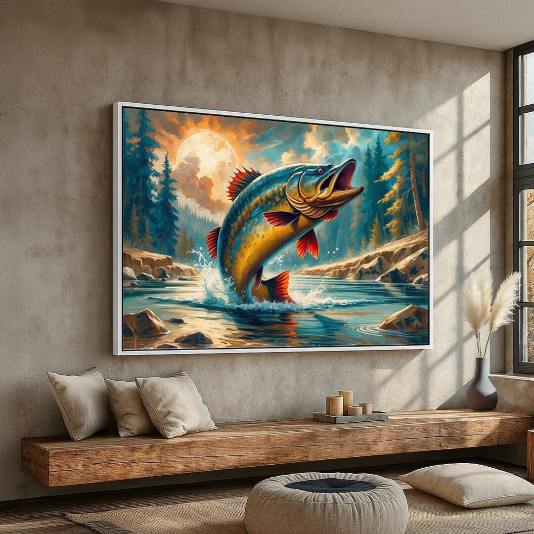 Jumping Fish in Mountain River | Rustic Fishing Wall Art | Wildlife ...