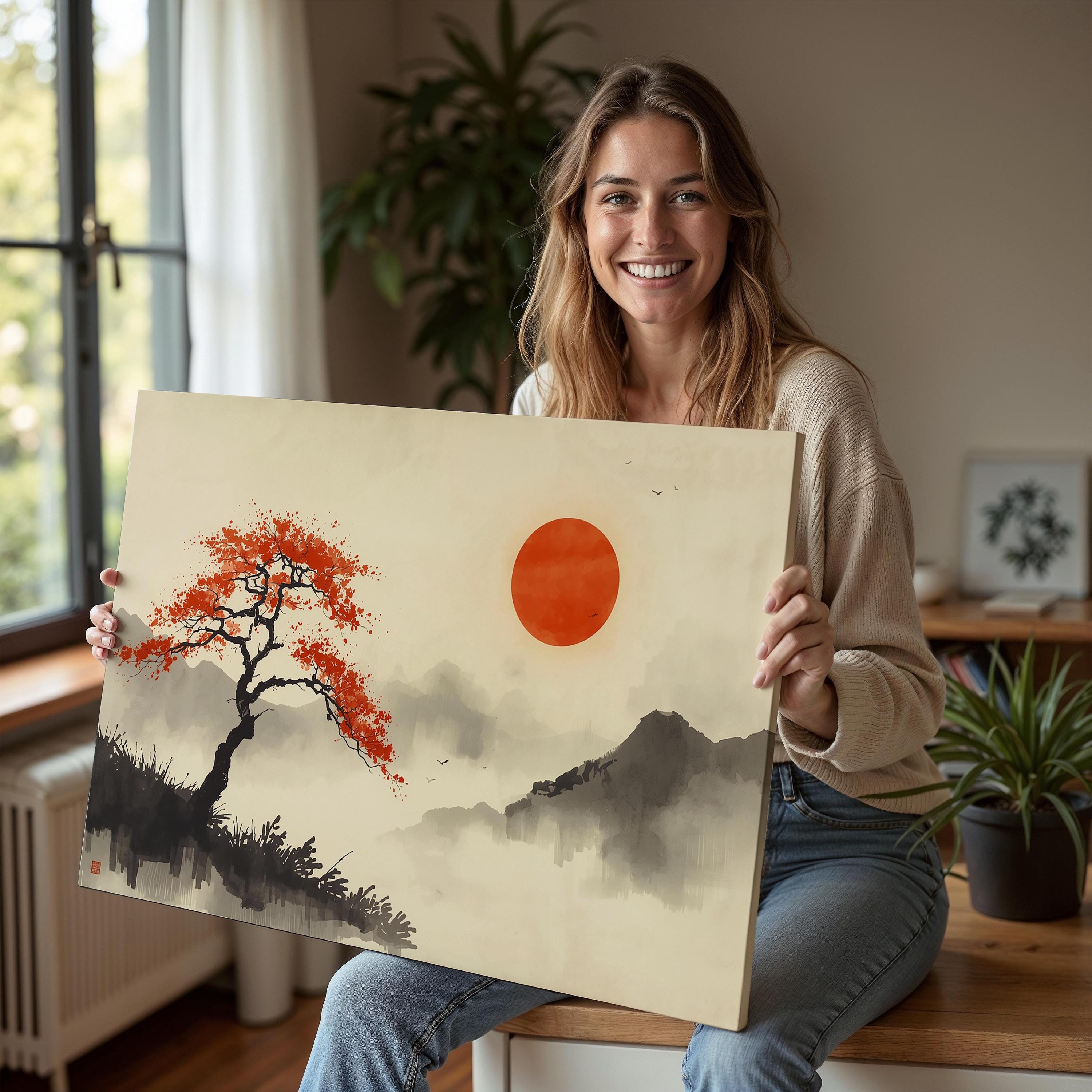 Zen Red Sun Tree Portrait Panoramic Canvas Wall Art | Japanese Ink ...