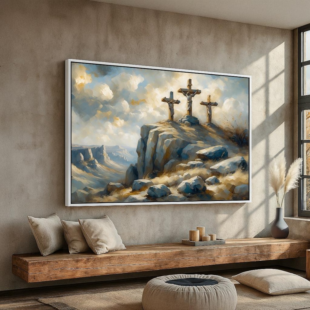 Calvary Crosses Canvas Wall Art | Three Crosses on Hill at Crucifixion ...