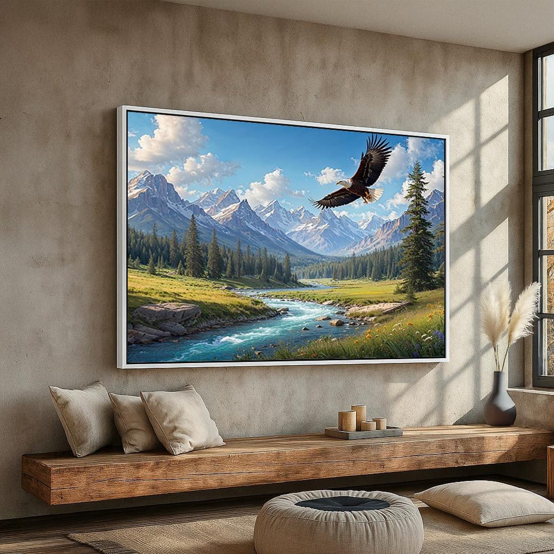 Bald Eagle Soaring Over Mountain River | Patriotic Wildlife Wall Art ...