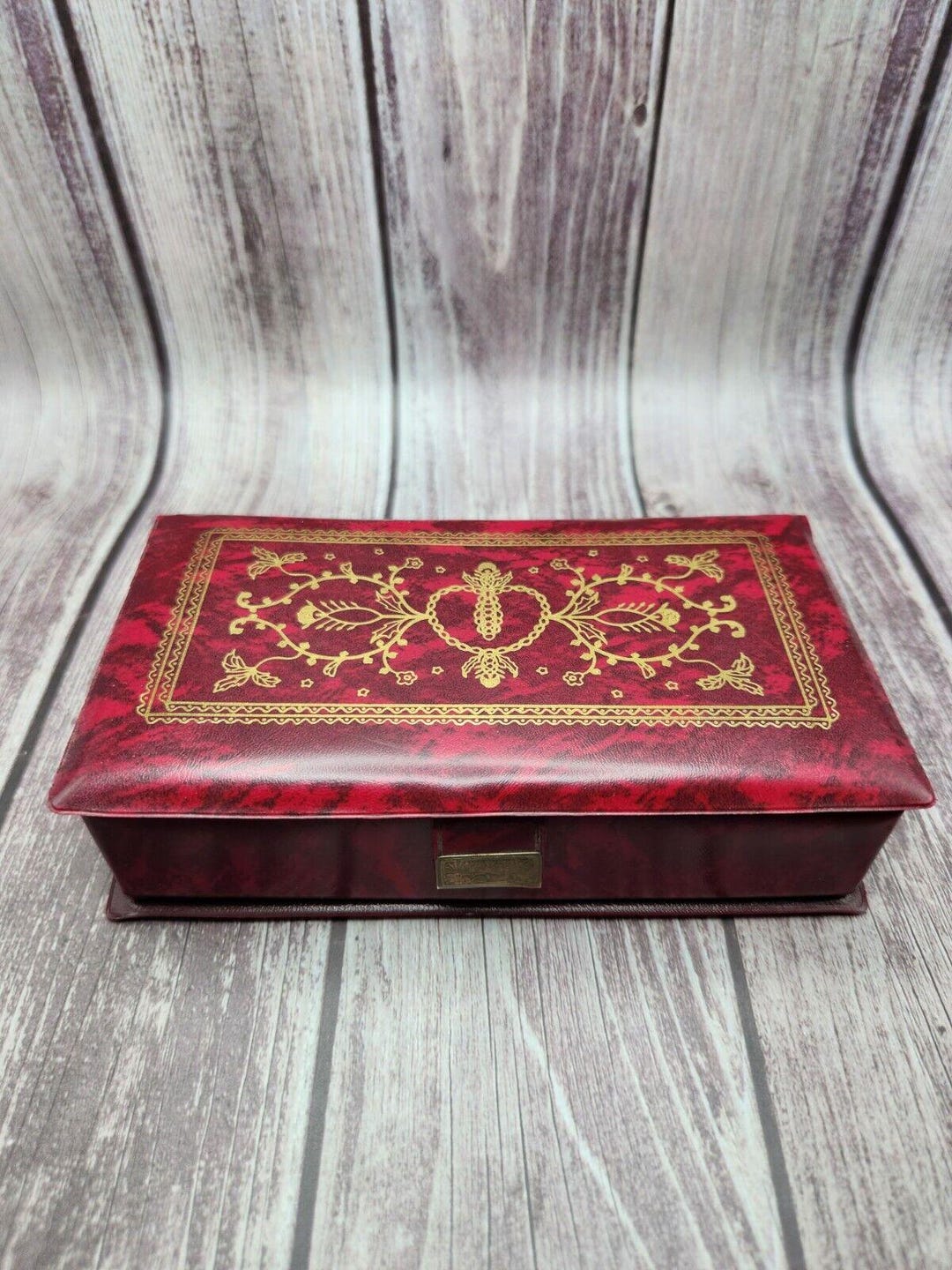 Vintage Red Vinyl Jewelry Box: Gold Motif, Velvet Lined - 1960s Retro ...
