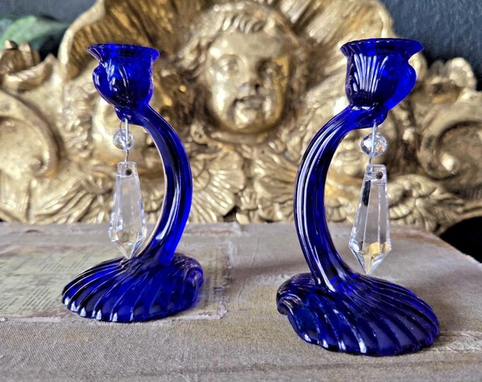 Vintage Mosser Cobalt Blue Glass Candlesticks Candle Holders W/ Clam ...