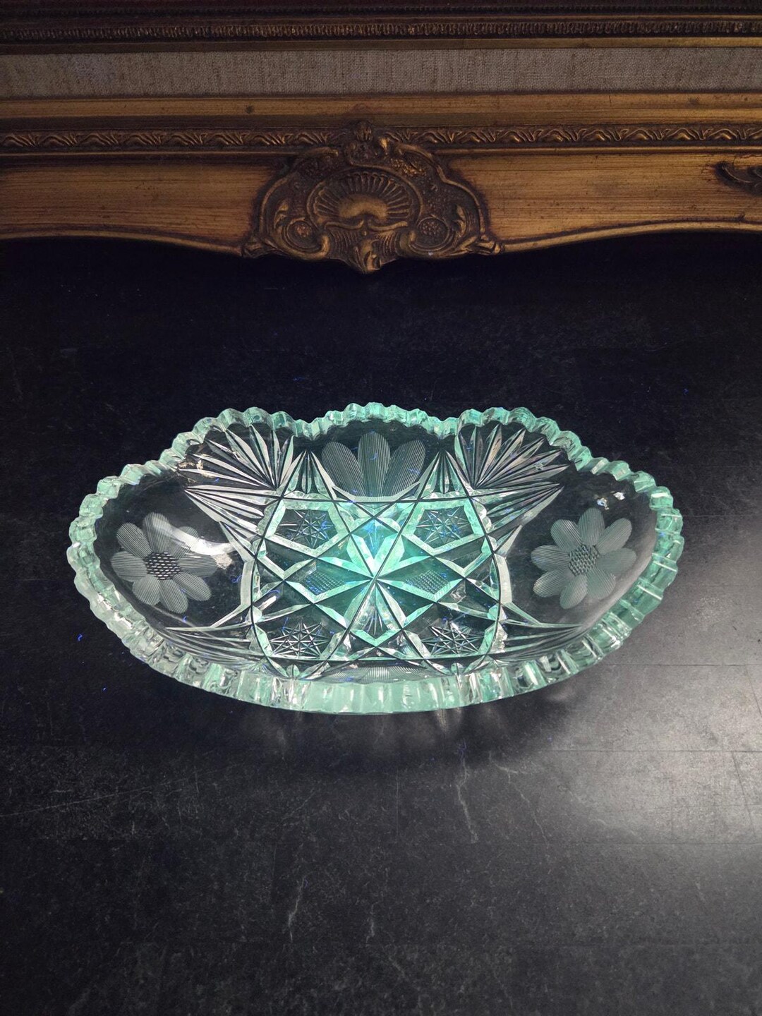Antique ABP Cut Glass Oval Nappy – Hobstar & Fan, UV Reactive Floral ...