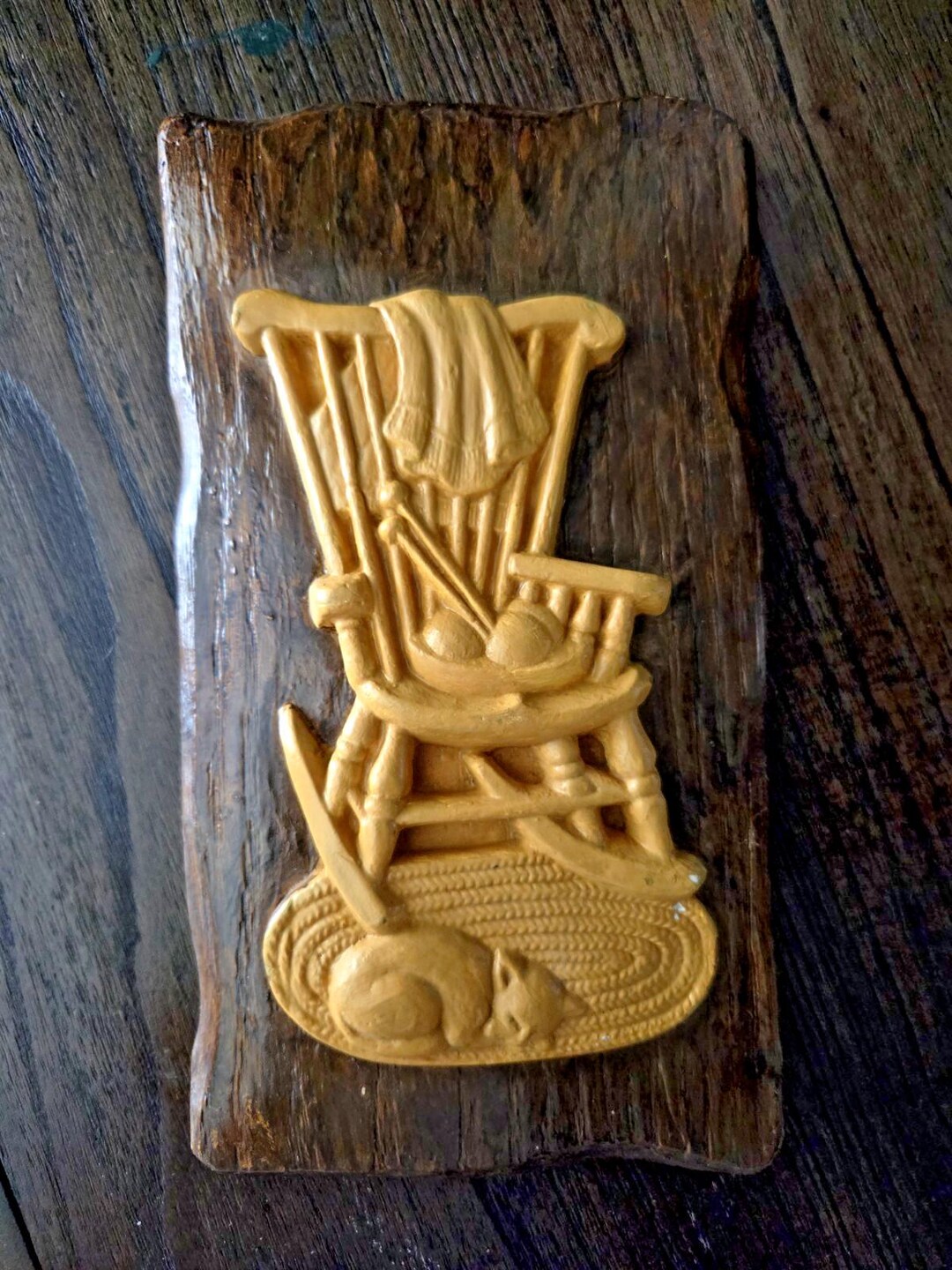 Vintage 1970s Wall Plaque – Rocking Chair Scene With Cat & Knitting ...