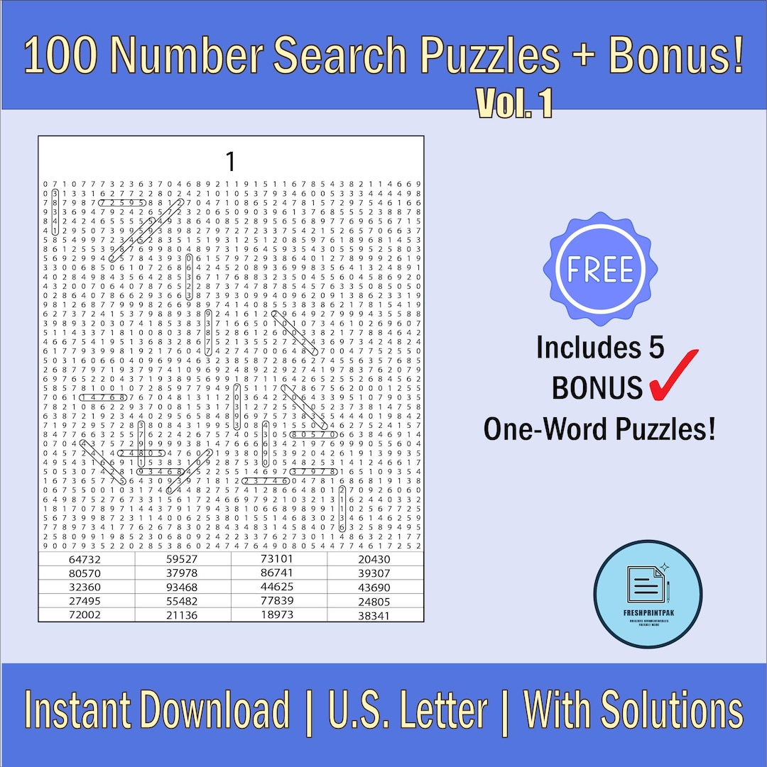 100 Number Search Puzzles PDF – Printable Puzzle Book for Adults ...