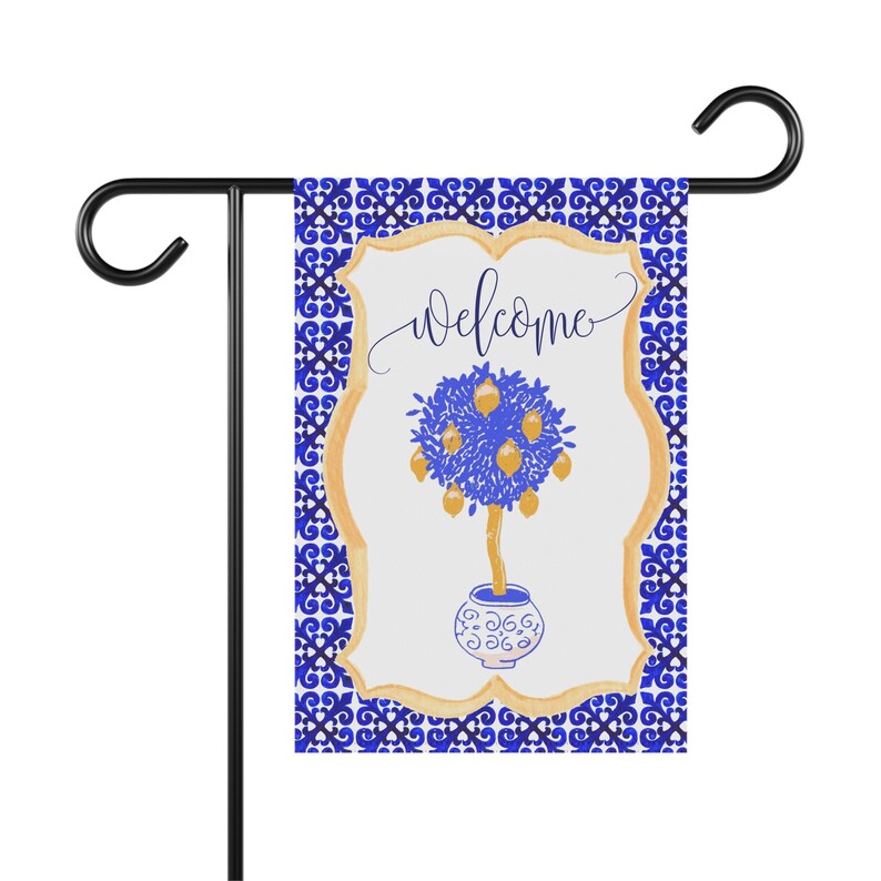 Lemon Tree Chinoiserie Topiary Garden Flag, Preppy Welcome Flag, Blue ...