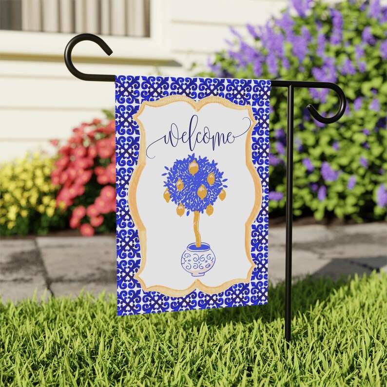 Lemon Tree Chinoiserie Topiary Garden Flag, Preppy Welcome Flag, Blue ...