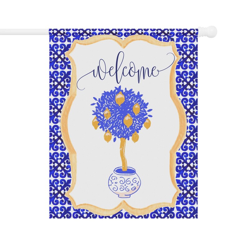 Lemon Tree Chinoiserie Topiary Garden Flag, Preppy Welcome Flag, Blue ...