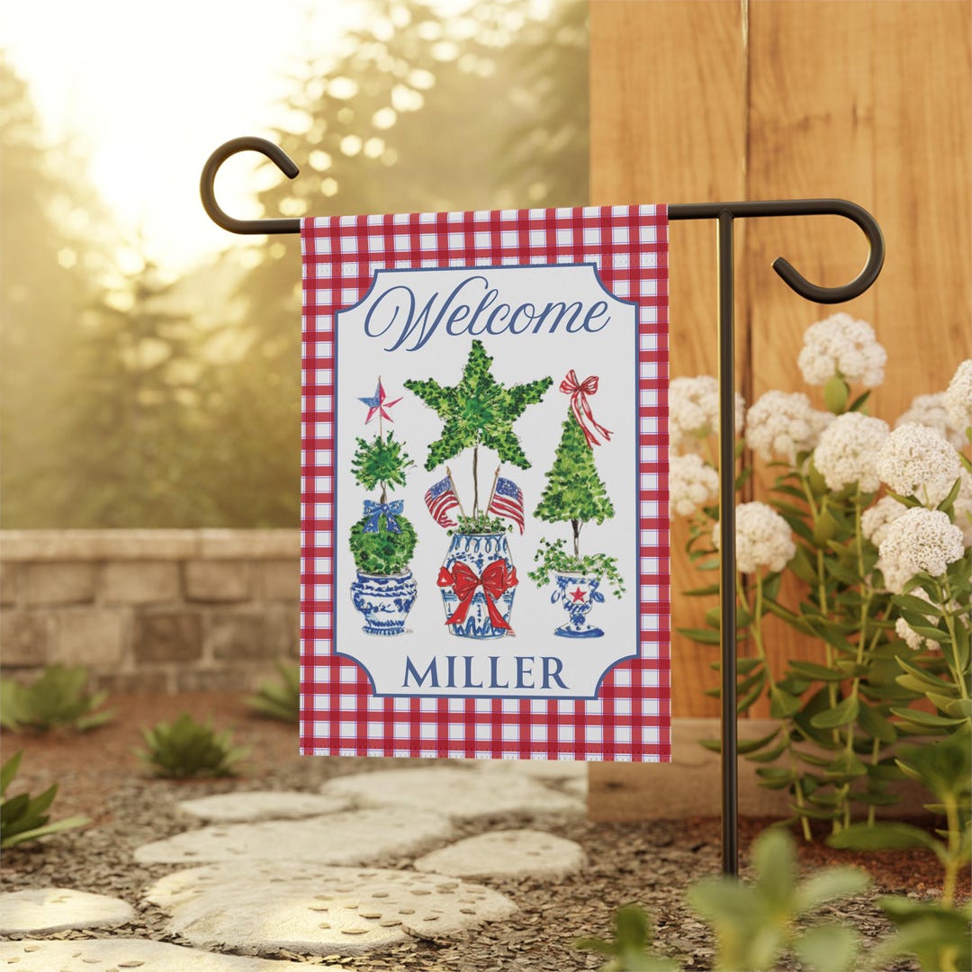 Preppy Patriotic Chinoiserie Topiary Garden Flag, Personalized Ginger ...