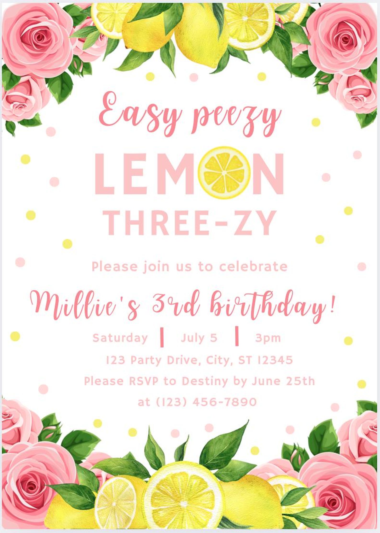 Editable Easy Peezy Lemon Three-zy Birthday Invitation - Etsy