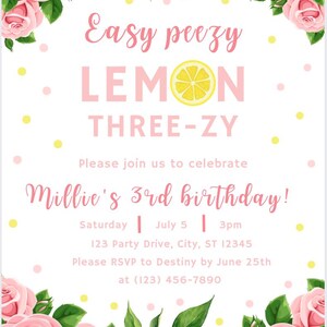 Editable Easy Peezy Lemon Three-zy Birthday Invitation - Etsy