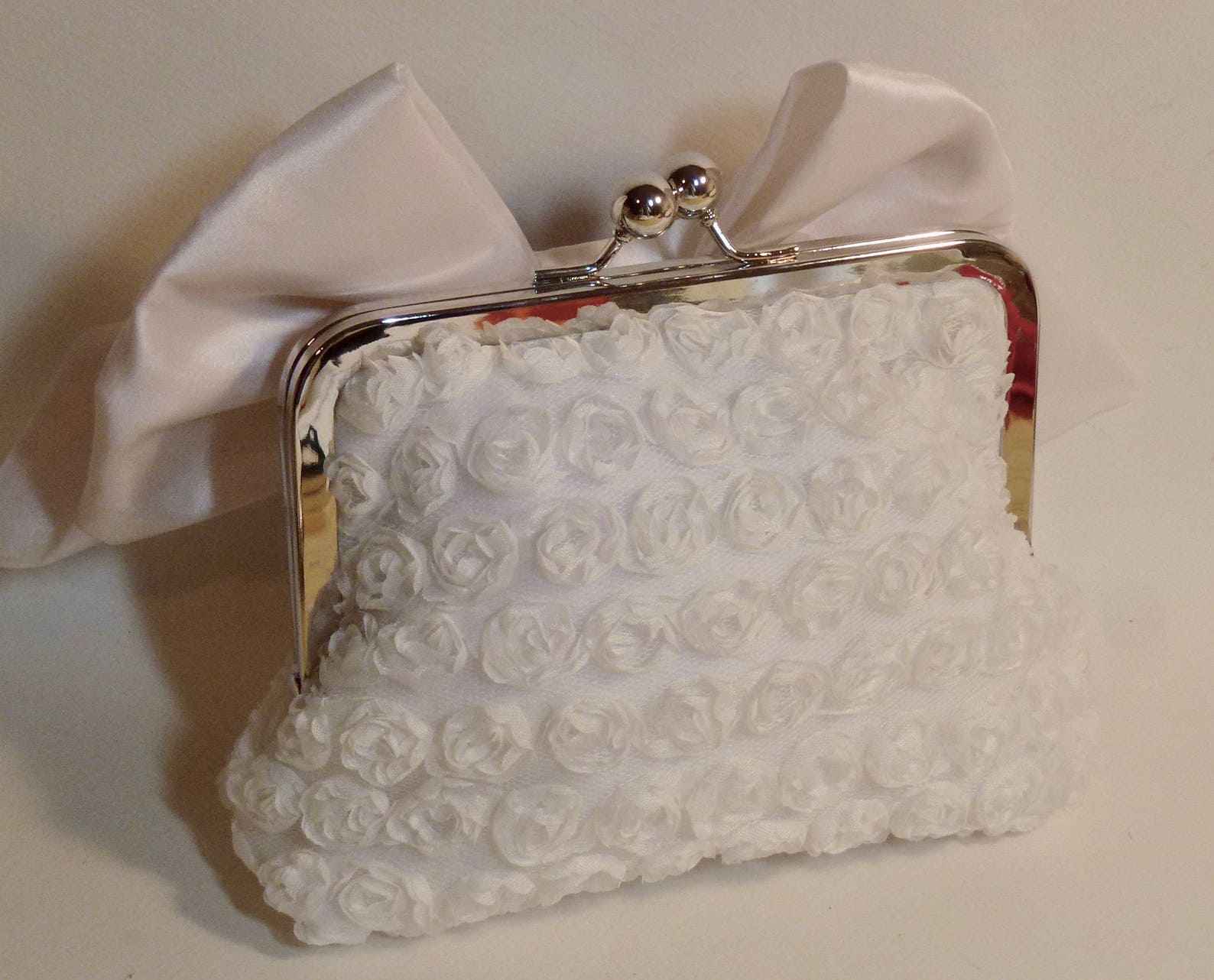 Tiny Roses Flower Girl Clutch With Large Taffeta Bow Clutch Off-white ...