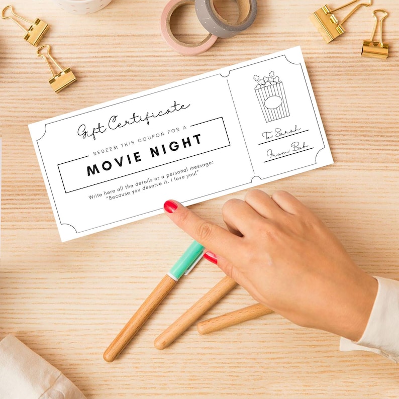 Movie Night Gift Coupon Instant Download — Editable Text Printable ...