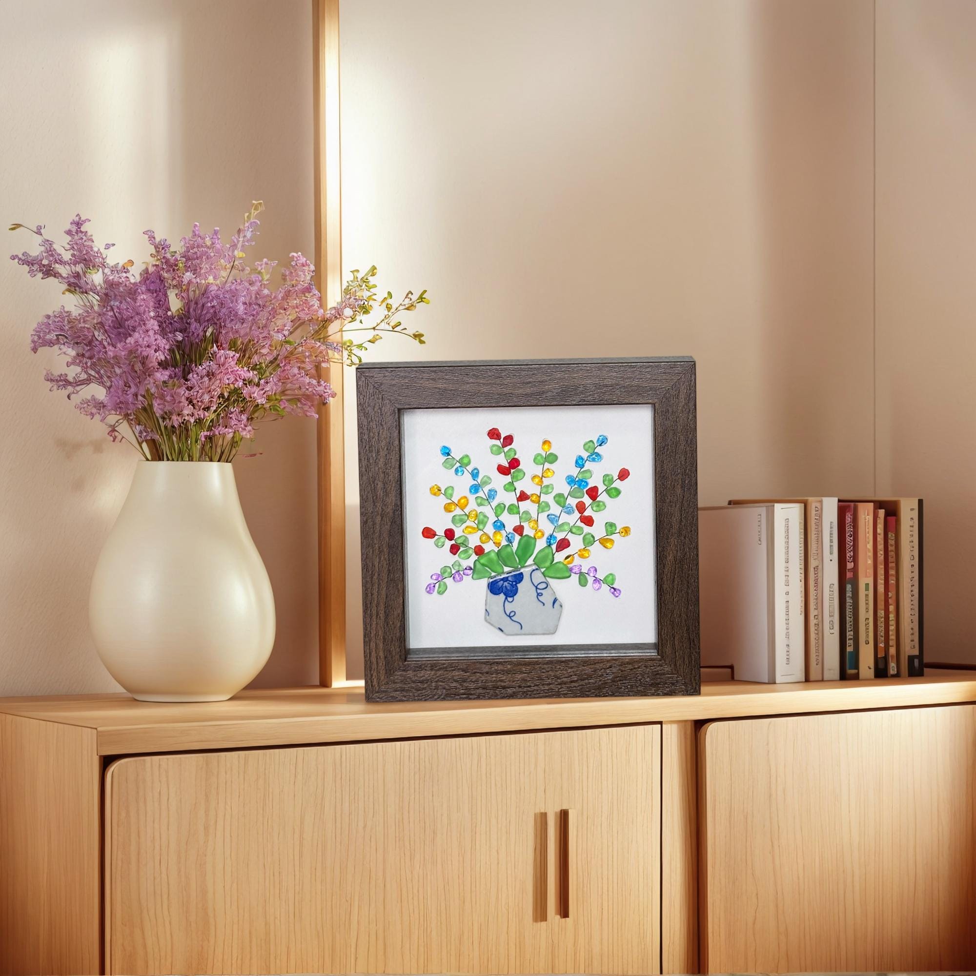 Sea Glass Flower Art Frame: Handmade Beach Decor, Friendship Gift - Etsy