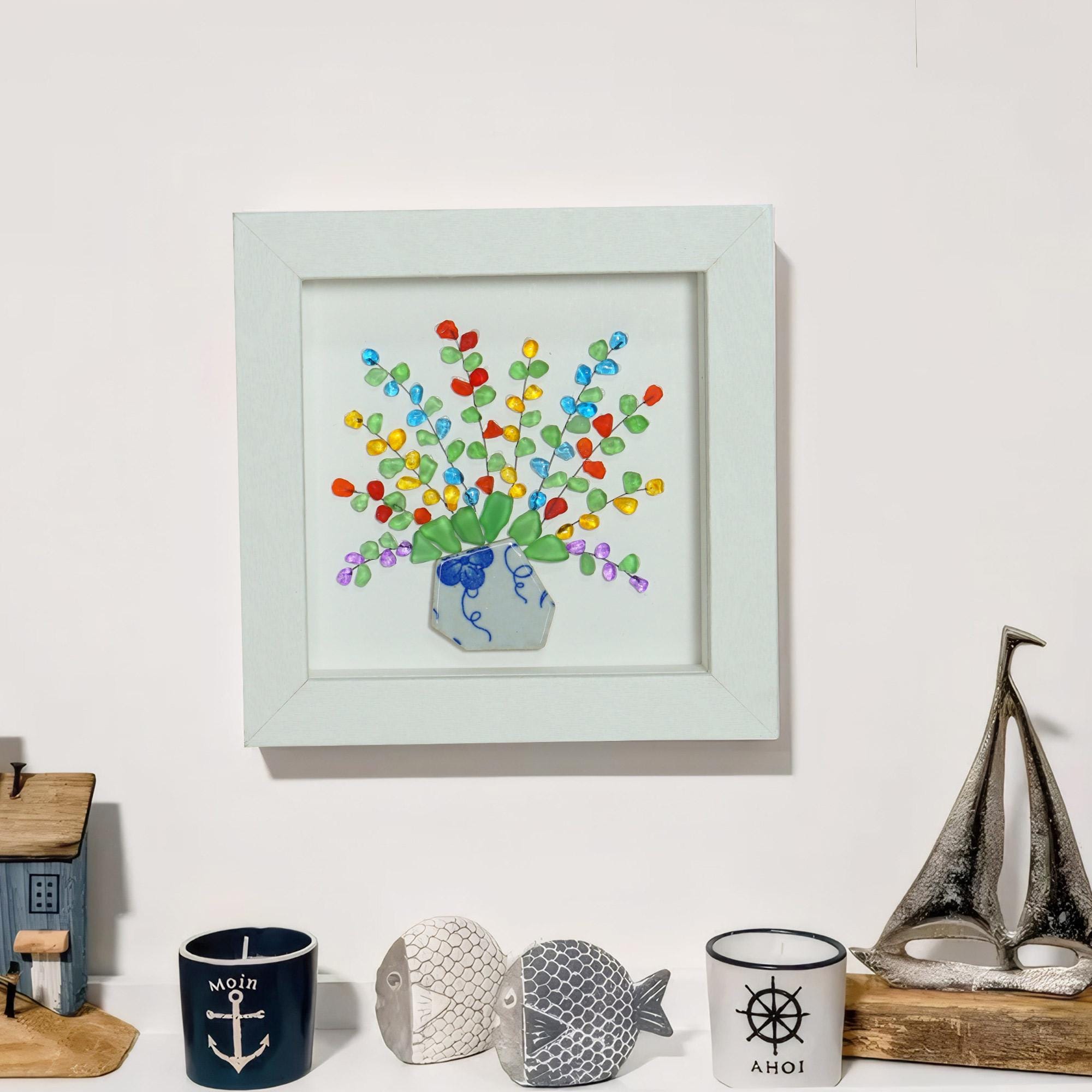 Sea Glass Flower Art Frame: Handmade Beach Decor, Friendship Gift - Etsy