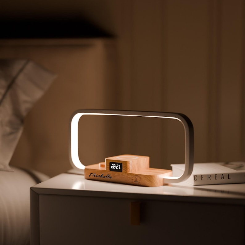 Personalized LED Bedside Lamp With Wireless Charger and Clock - Etsy