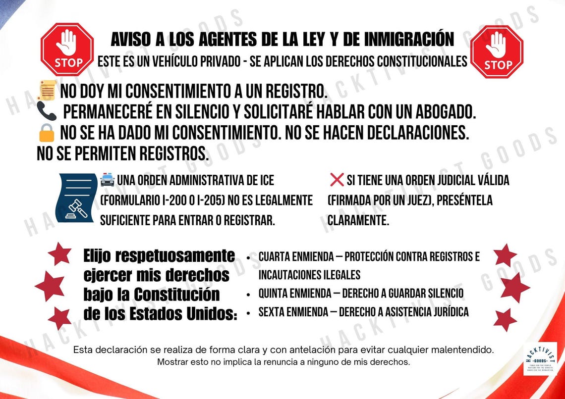 Notice ICE Without a Warrant Dashboard Rights Card (printable PDF) - Etsy