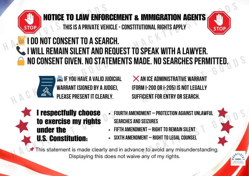 Notice ICE Without a Warrant Dashboard Rights Card (printable PDF) - Etsy