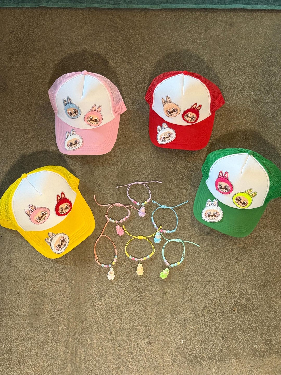Hand Appliquéd Labubu Trucker Hats/ Ball Caps and Hand Woven Bracelets ...