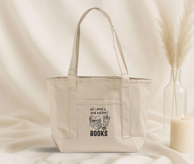 Iced Coffee & Books Canvas Medium Tote Bag - Book Lover Gift - Etsy