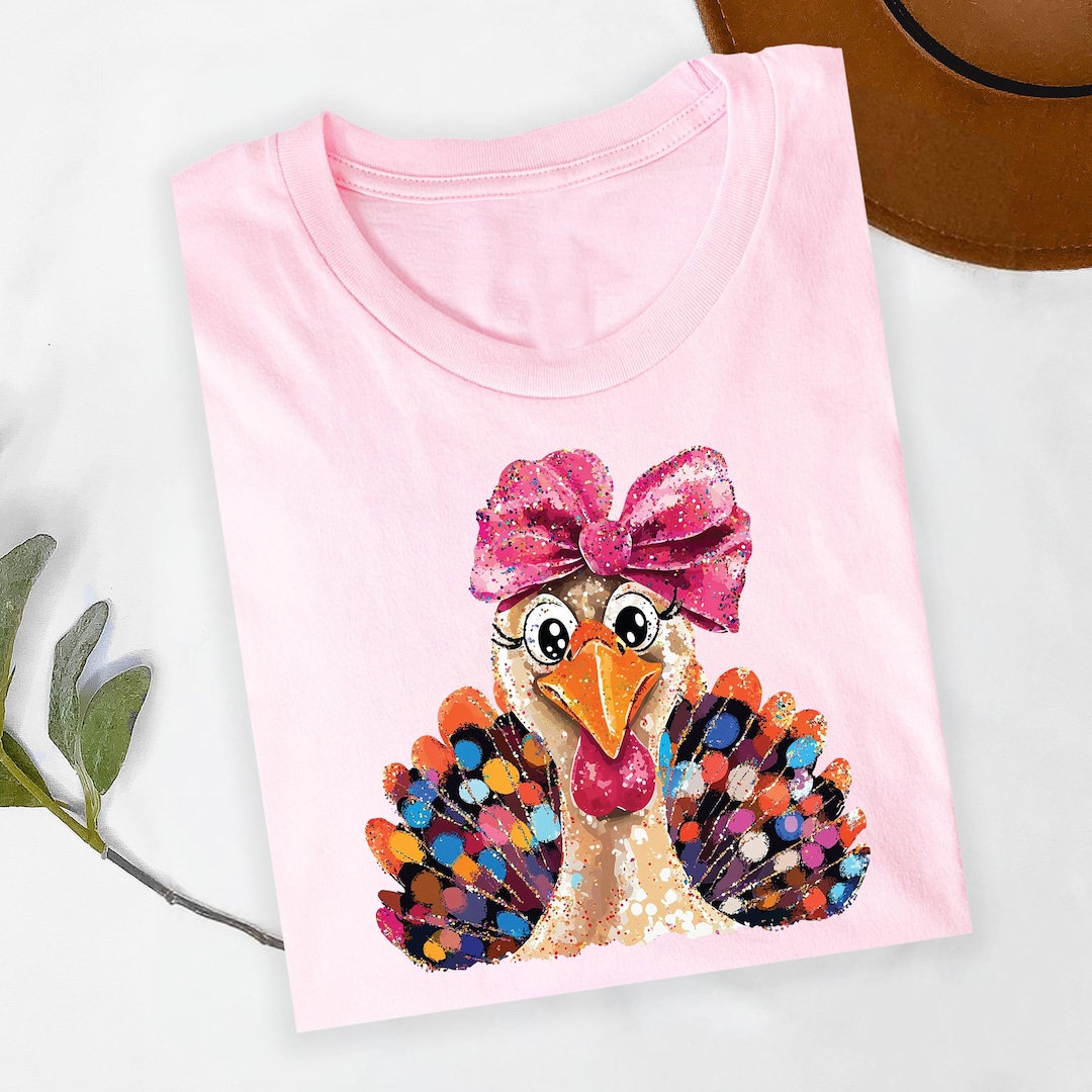 Girly Turkey Shirt: Glitter Look Bow, Colorful Feathers - Etsy