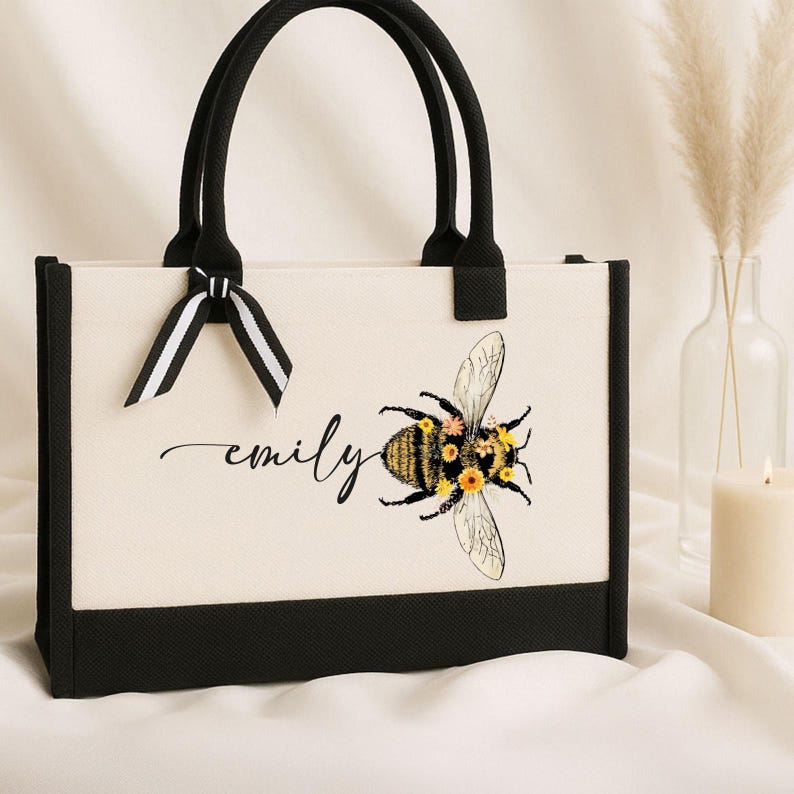 Nature Lover Bee Tote Bag, Floral Canvas (custom Name, Reusable) - Etsy