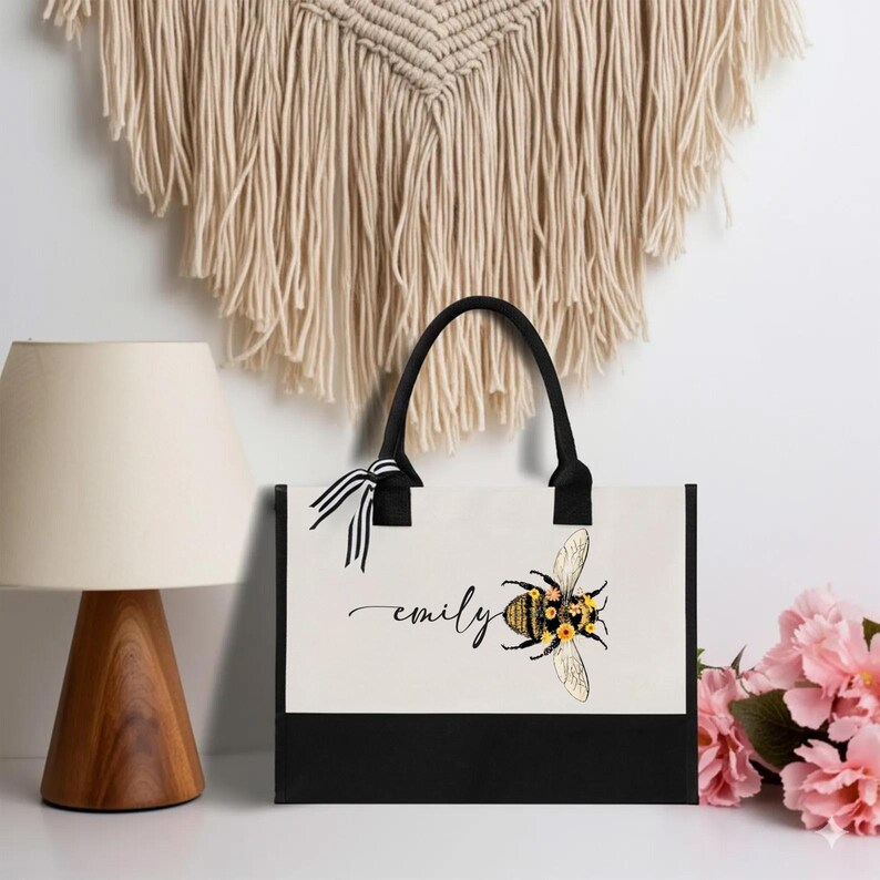Nature Lover Bee Tote Bag, Floral Canvas (custom Name, Reusable) - Etsy