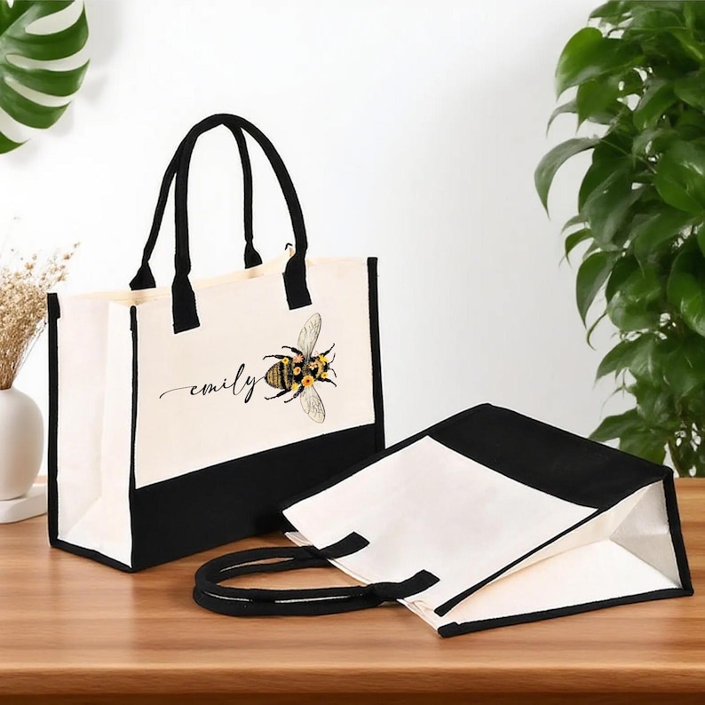 Nature Lover Bee Tote Bag, Floral Canvas (custom Name, Reusable) - Etsy