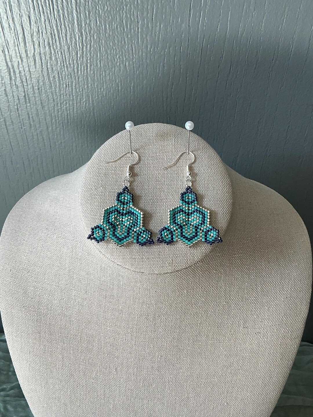 Hand Beaded Miyuki Glass Turquoise Navy Silver Delica Seed Bead ...
