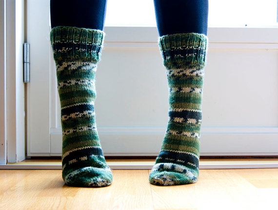 Items similar to Hand knit striped socks. Emerald forest green ...