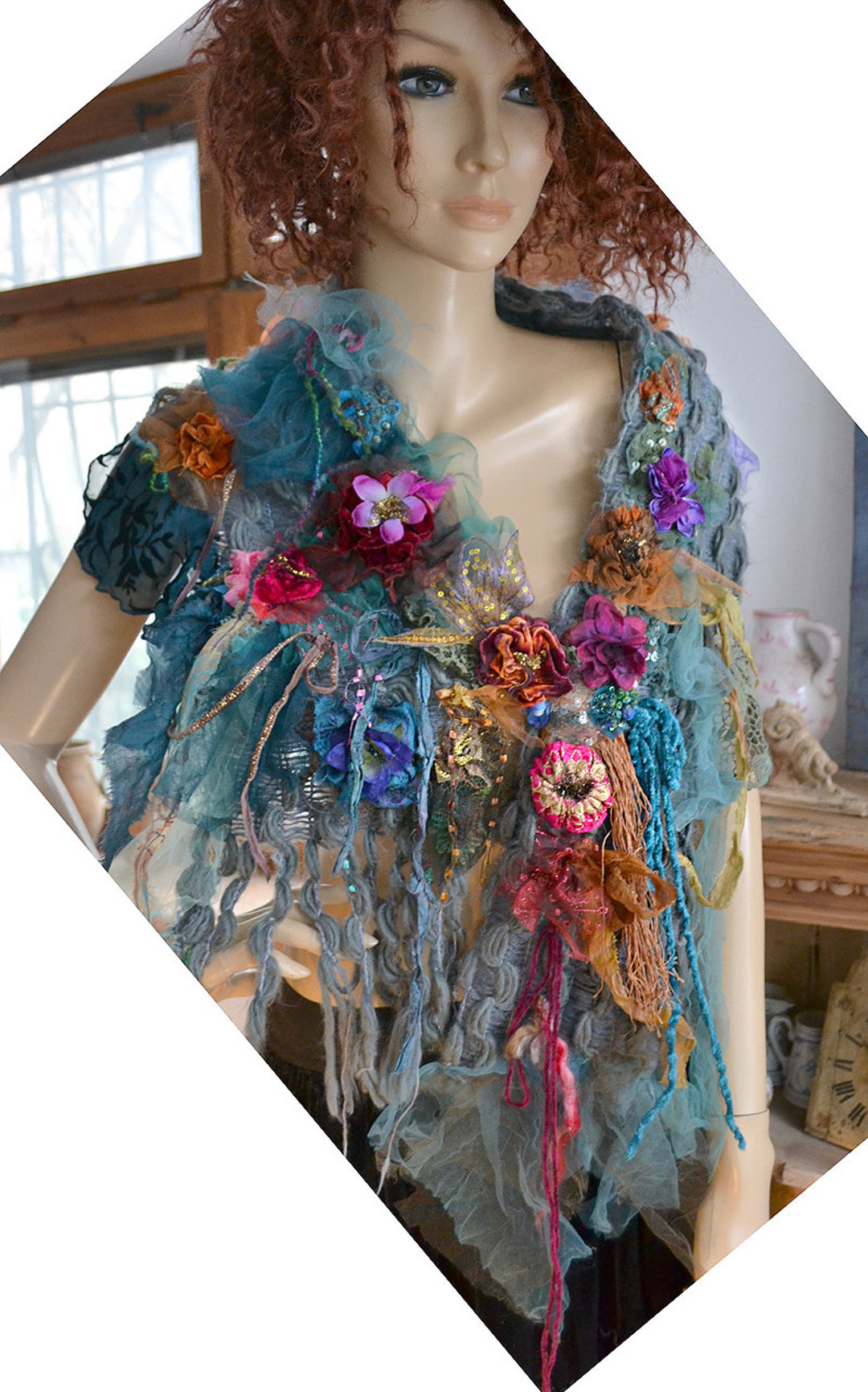 Art to Wear Unique Crochet Gypsy Bohemian Cape/shawl BLUE GIRL Silks ...