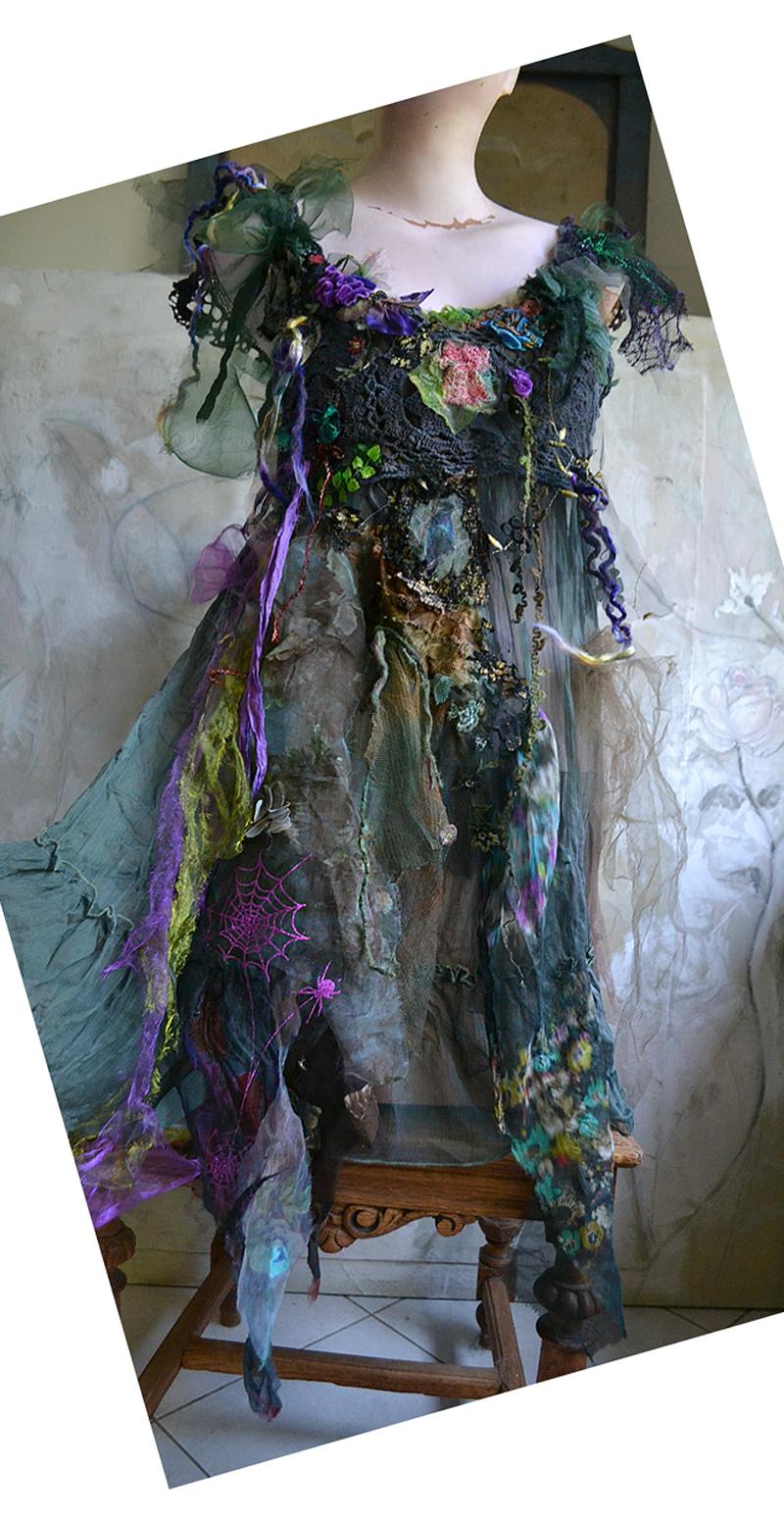 RESERVED Art to Wear Bohemian Dark Forest WITCH With Spiderwebs Plants ...