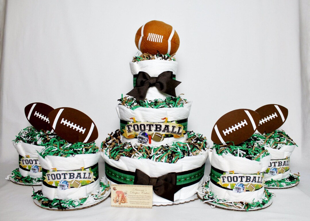 Baby Diaper Cake Football Sports 3 Tier and 4 Minis Boys Shower Gift ...