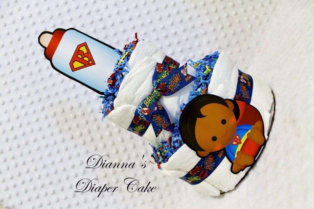 Superhero Baby Diaper Cake 2 Tier DARK SKIN Shower Gift Centerpiece ...