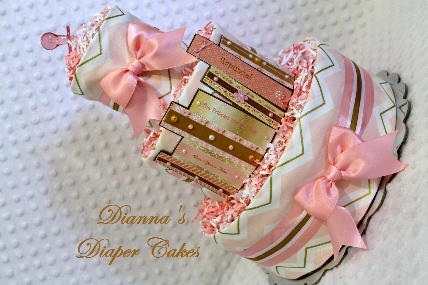 Story Books Baby Diaper Cake Pink Gold Girls Shower Gift or Centerpiece ...