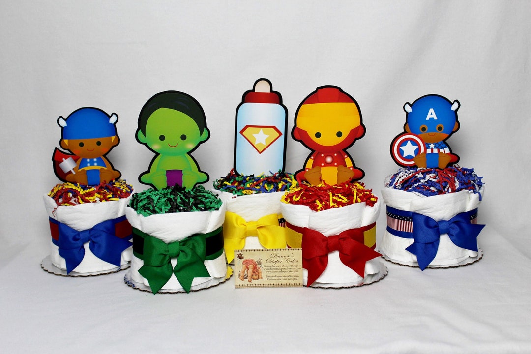 8 Superheros Baby Diaper Cakes Set Cupcakes Shower Gift or Centerpiece ...