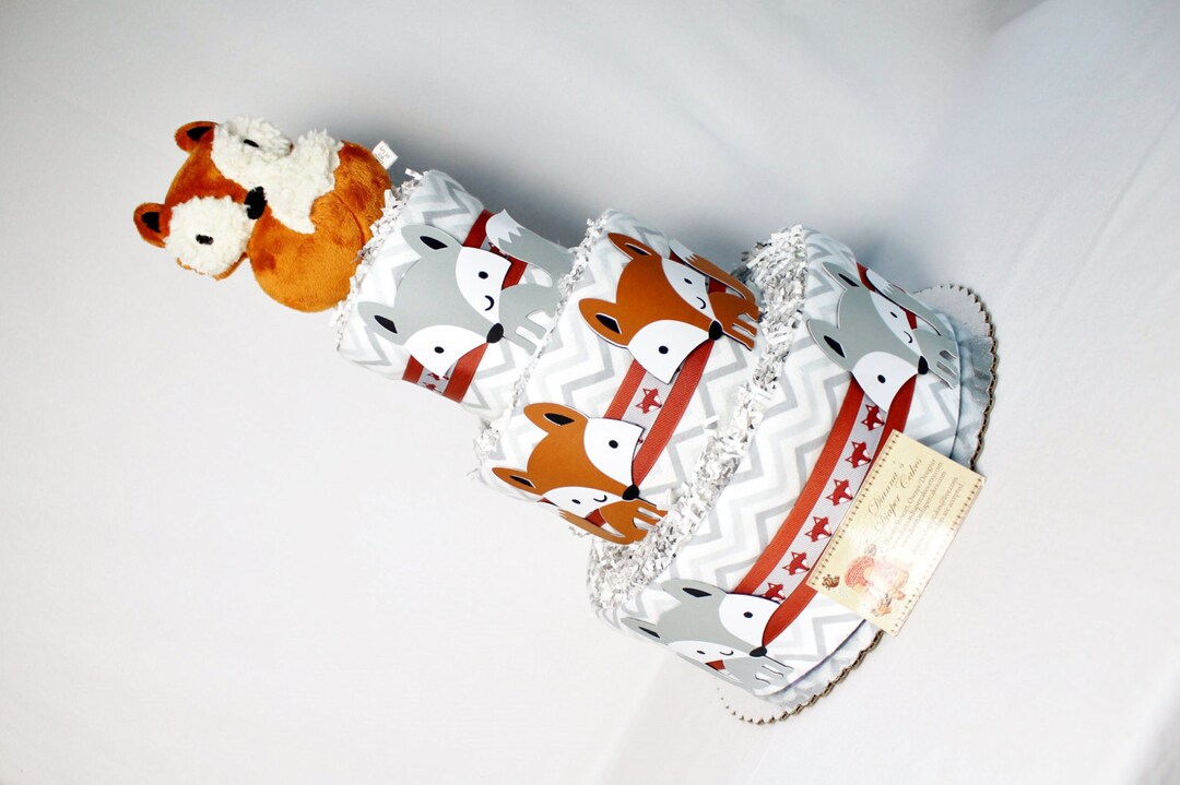 Fox Baby Diaper Cake Rust or Silver Shower Gift Centerpiece Chevron or ...