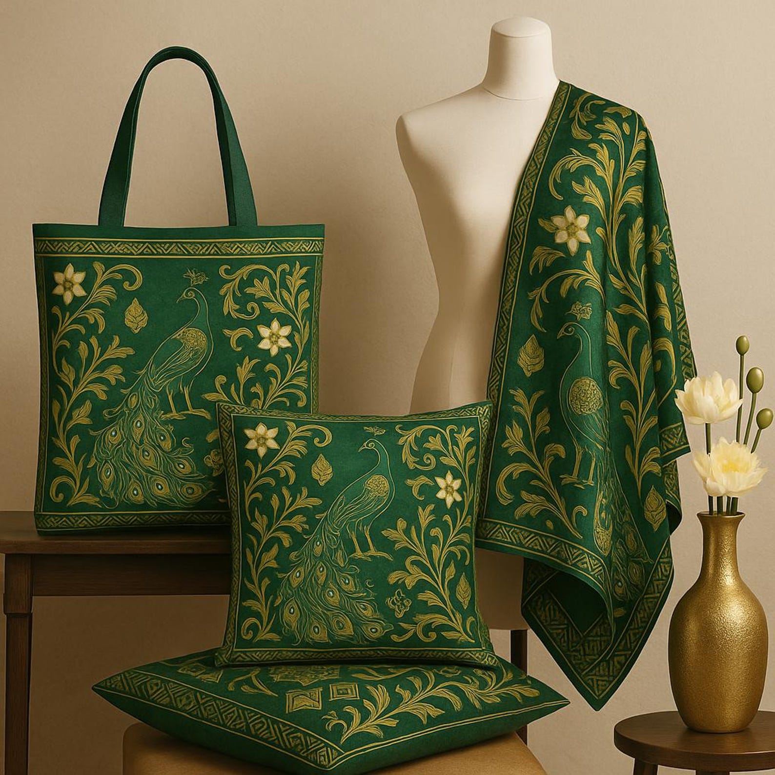 Peacock Gold Green Thai Pattern – Seamless Digital Fabric Design (JPG ...