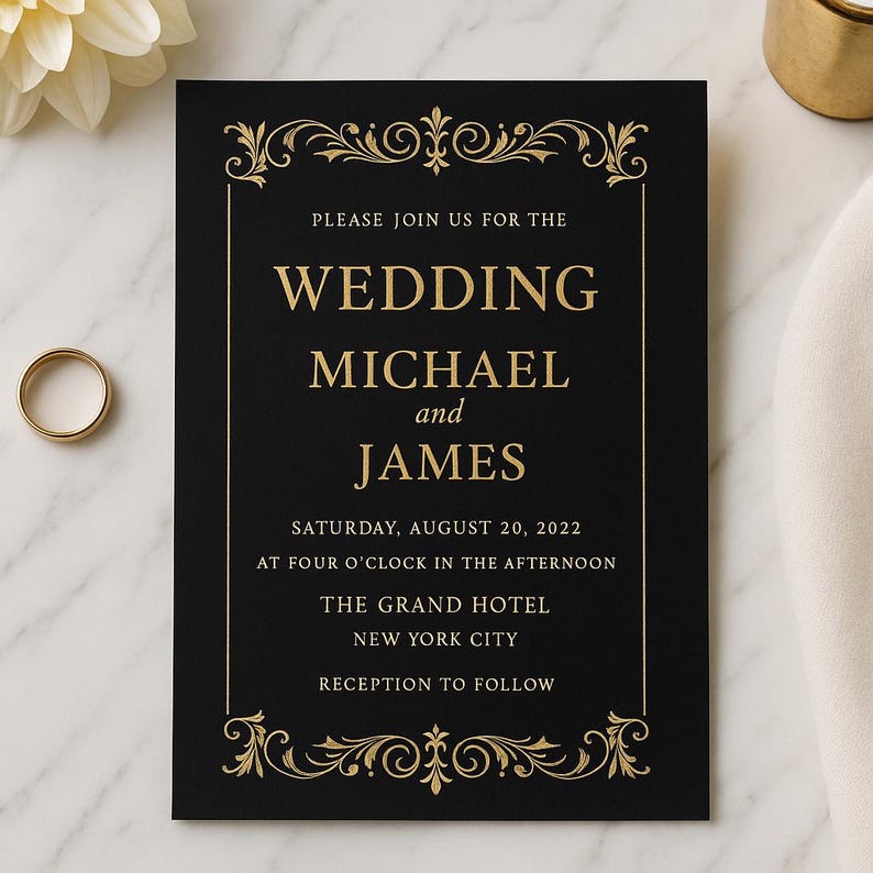LGBTQ Wedding Invitation - Gay Wedding Invite Black and Gold Wedding ...