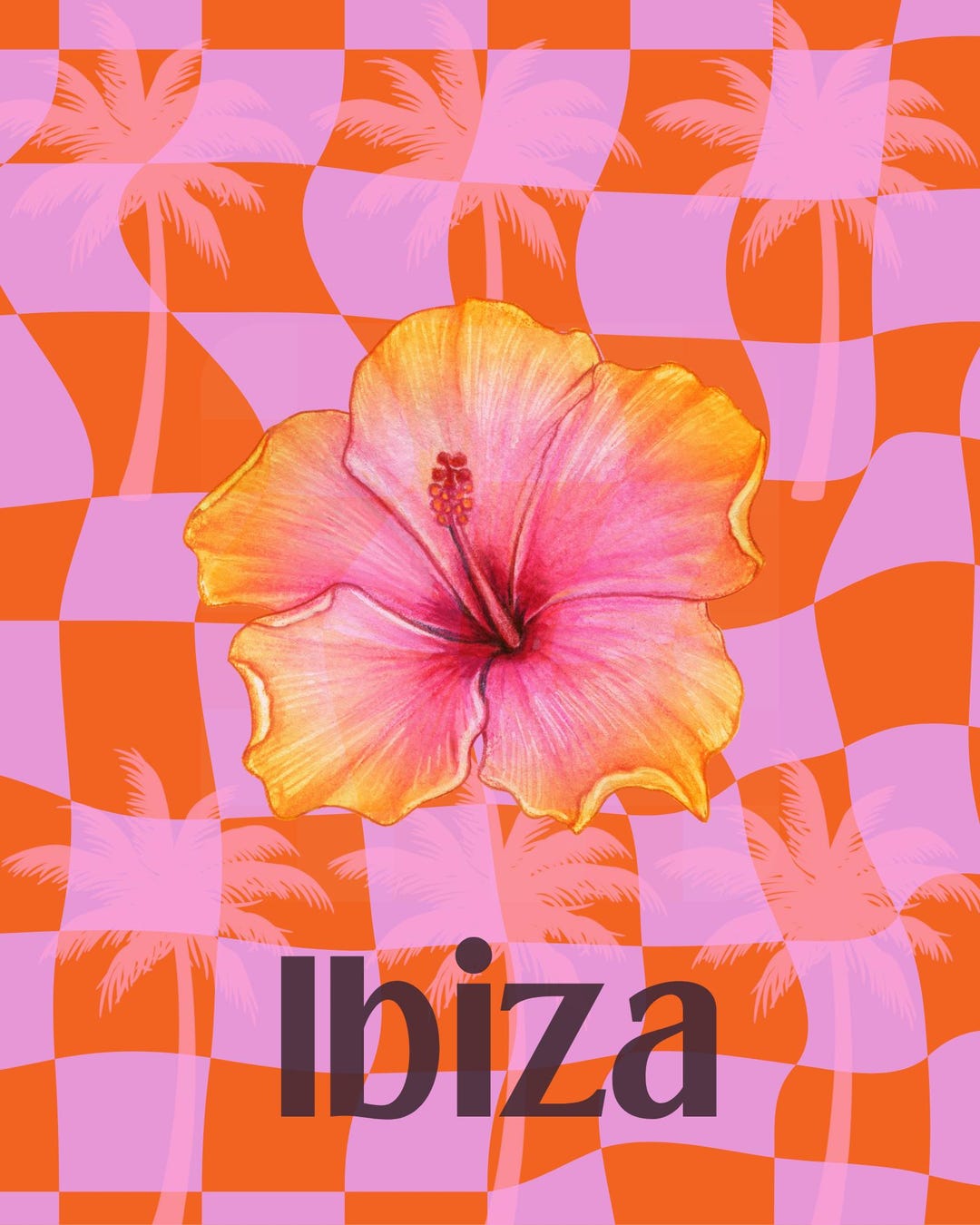 Ibiza Hibiscus Flower Wall Art Print – Pink & Orange Tropical Palm Tree ...
