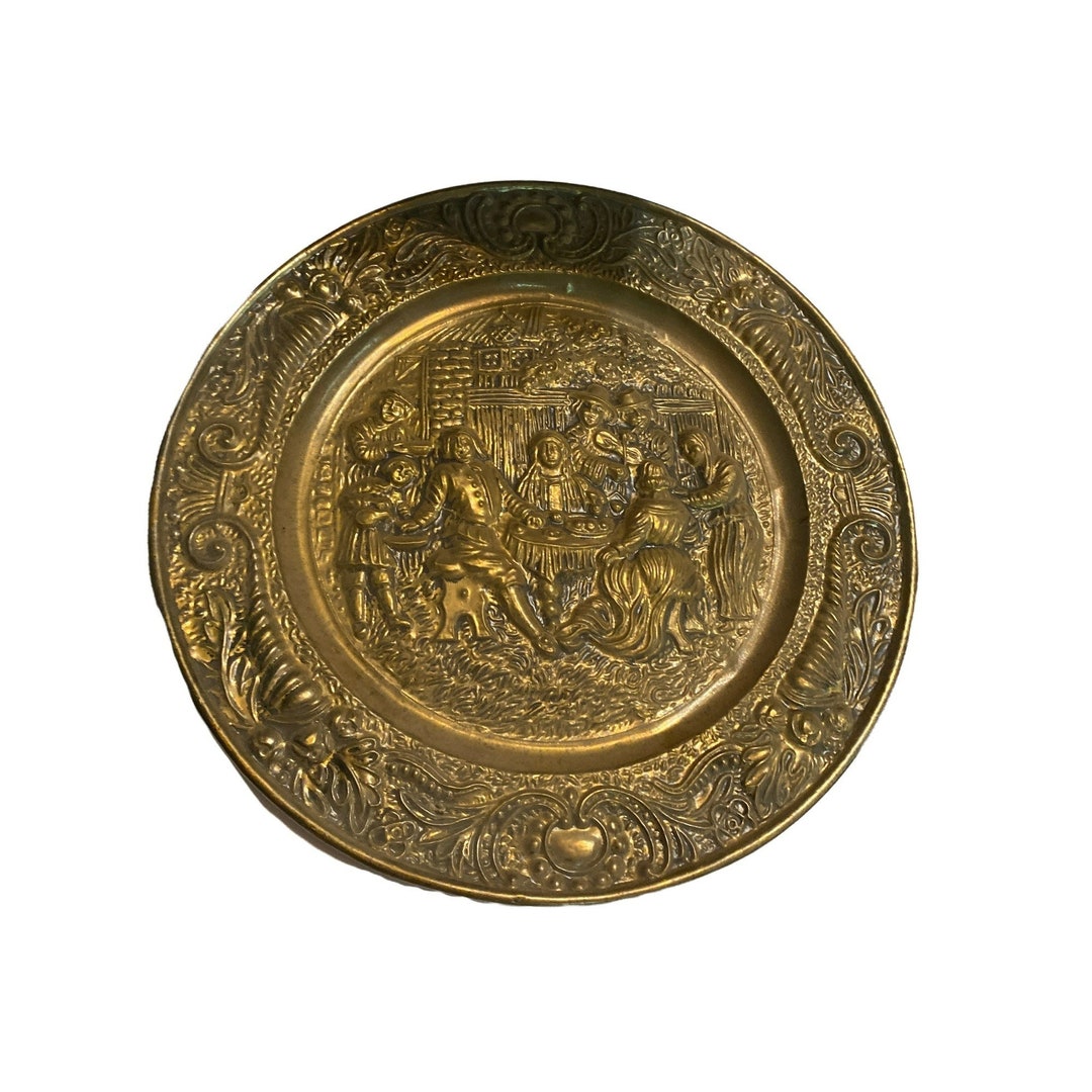 Vintage MCM Pressed Gold Metal Decorative Plate Colonial? Medieval ...