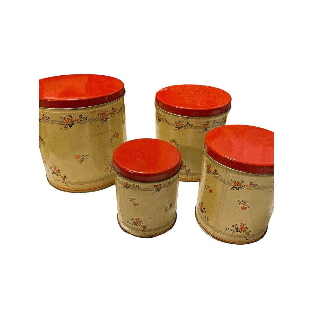 Vintage Set of 4 Red Floral Print Tin Canisters Photo Prop - Etsy
