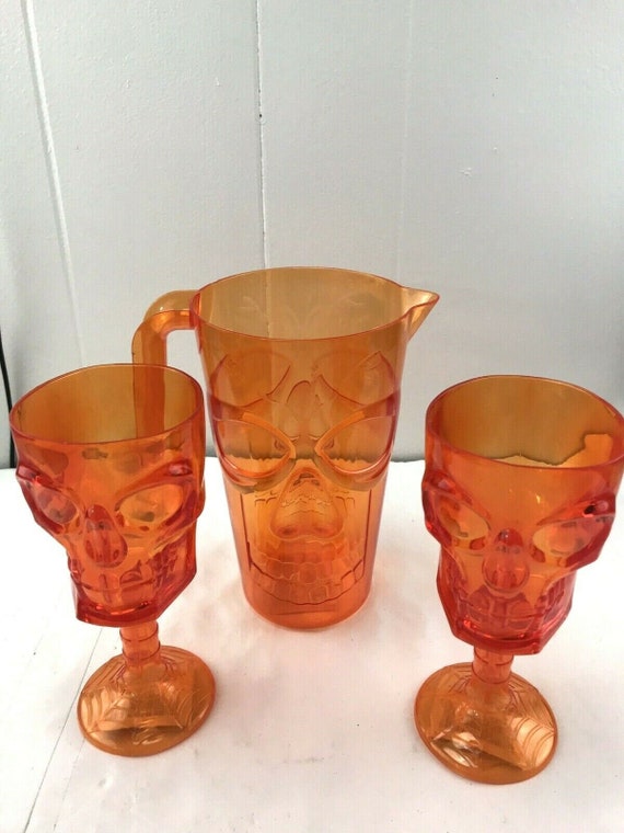 Orange Skull Pitcher and two goblets New Halloween | Etsy