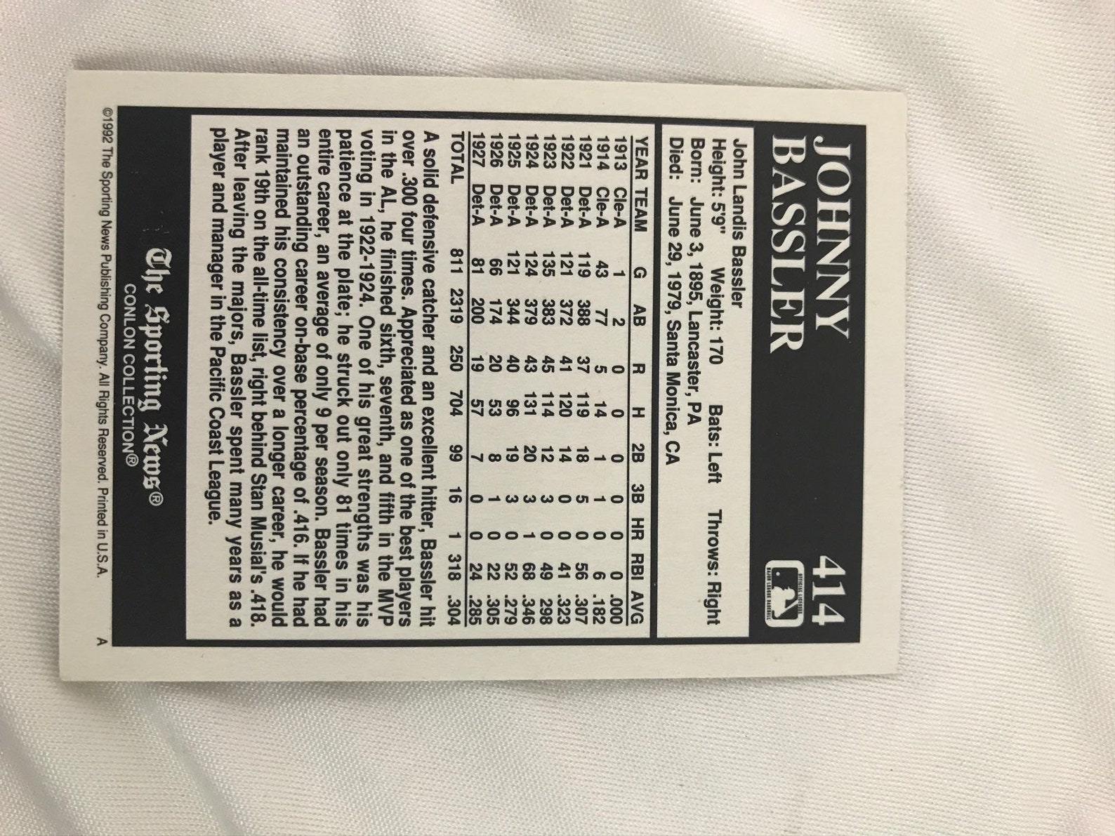 Johnny Bassler Detroit tigers Catcher 1992 trading card | Etsy