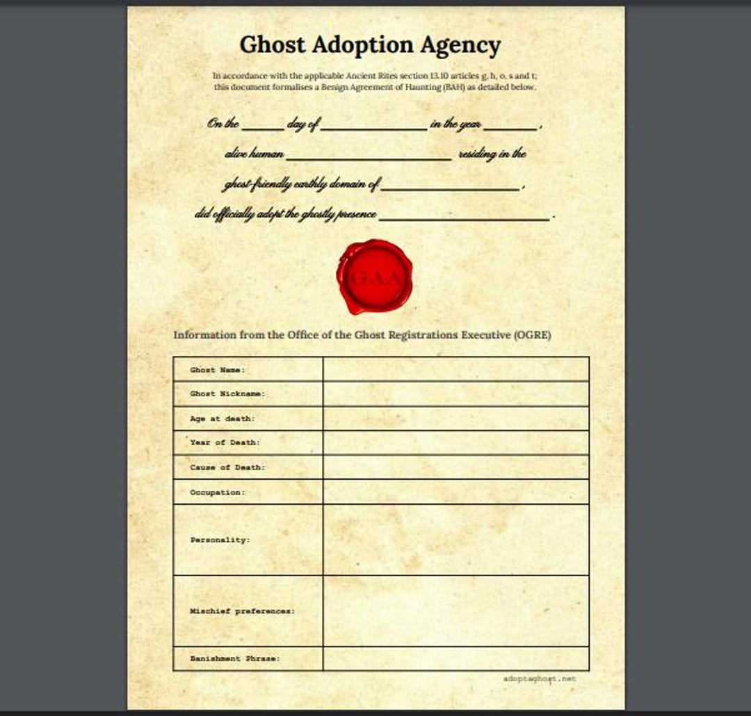 Adopt a Ghost: Printable Certificate to Fill in Yourself - Etsy Canada