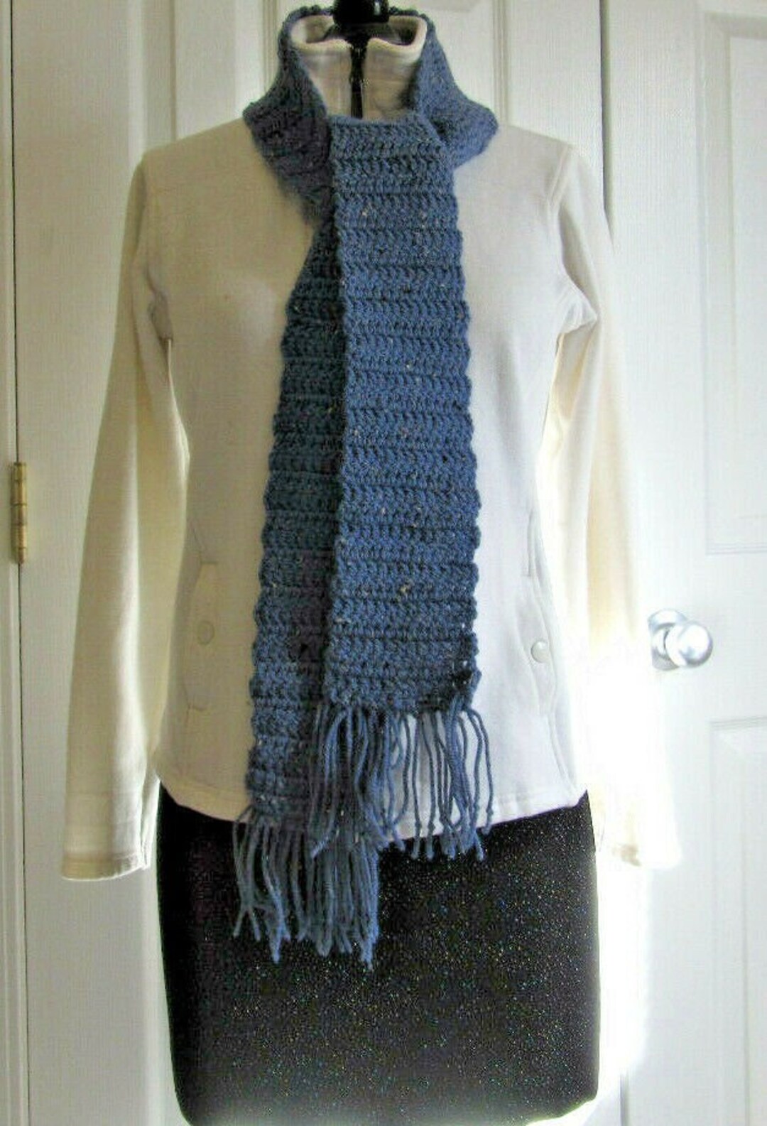 Blue Wool Scarf 74x4 Long Narrow Light Soft Handmade Crochet Hand Knit ...