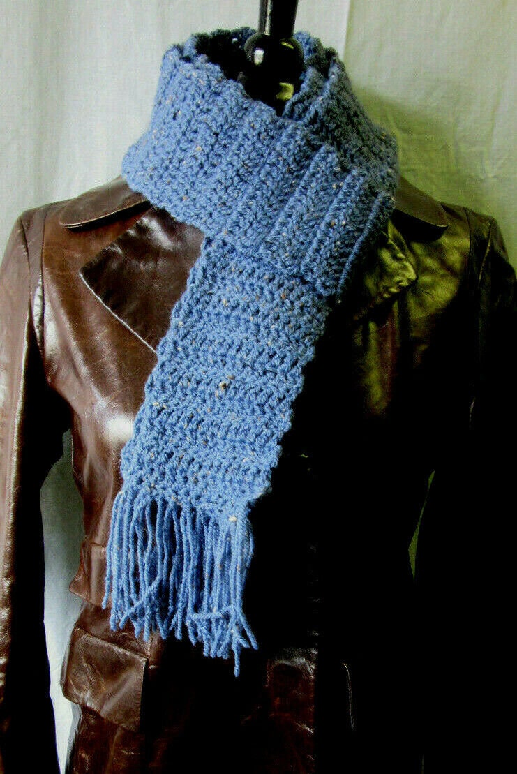 Blue Wool Scarf 74x4 Long Narrow Light Soft Handmade Crochet Hand Knit ...